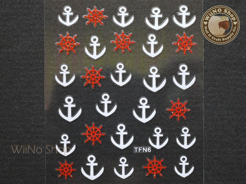 White Anchor Red Ship Wheel Adhesive Nail Sticker Nail Art - 1 pc (TFN ...